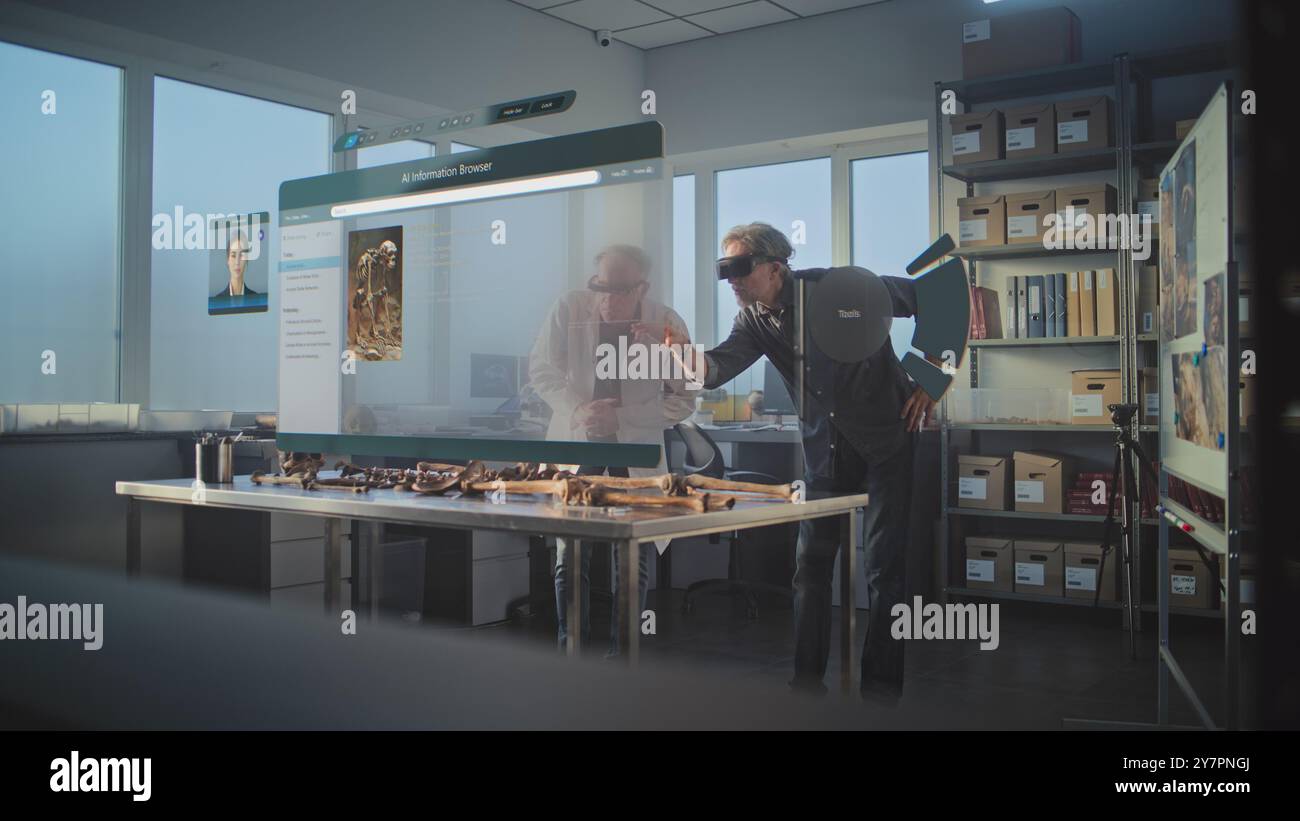 Advanced archaeological lab: Two archaeologists in VR headsets study ...