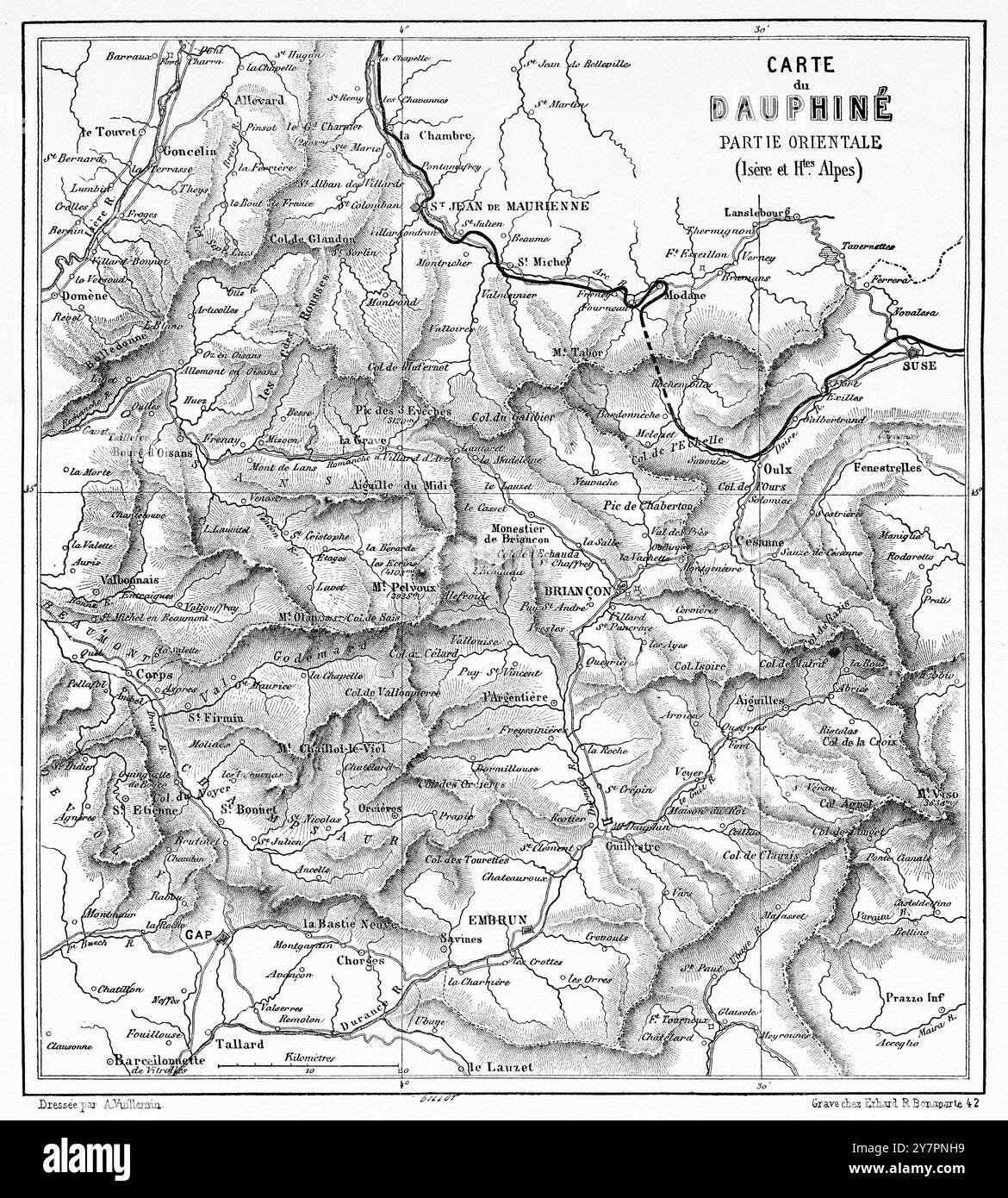 Old map of Dauphine, Isere and Alpes. France. Drawing by Leon Sabatier ...