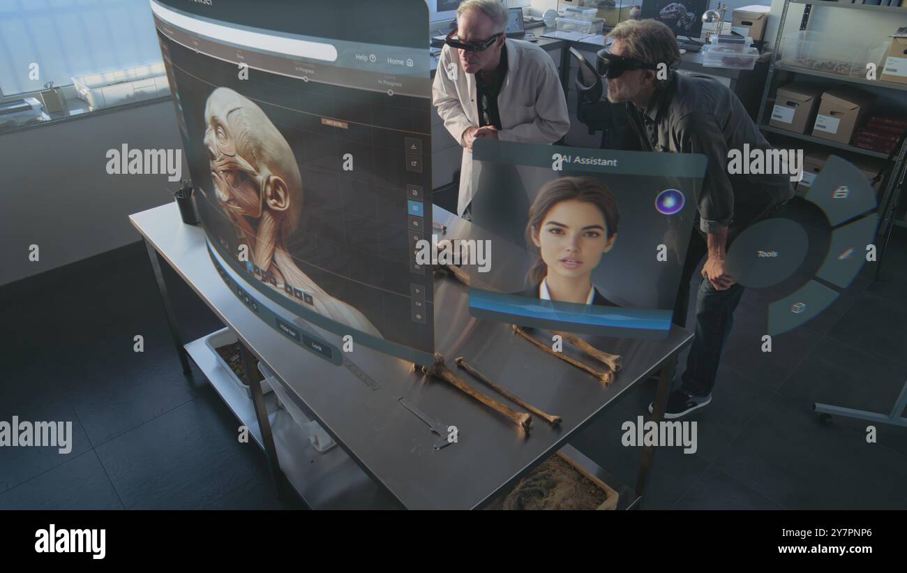 Modern archaeological lab: Two archaeologists in VR headsets study ...