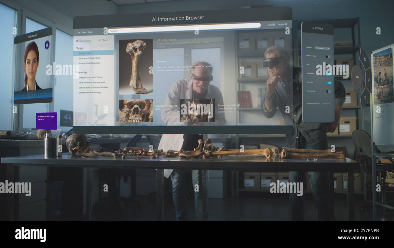 Advanced archaeological lab: Two archaeologists in VR headsets study ...