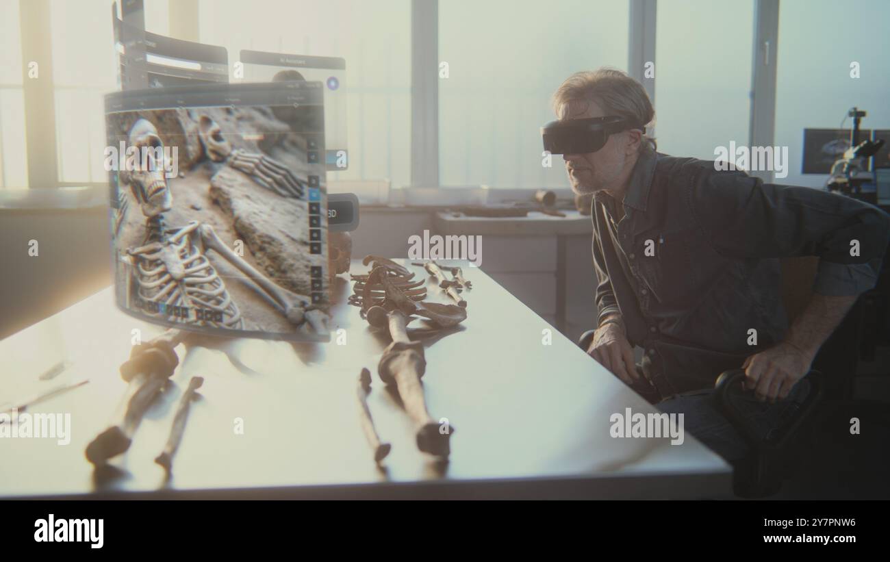 Advanced archaeological lab: Archaeologist in VR headset studies ancient skeleton using ...