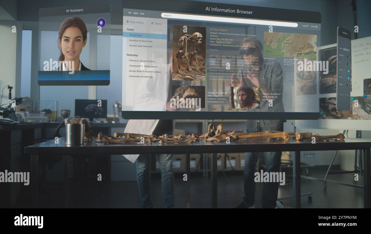 Advanced archaeological lab: Two archaeologists in VR headsets study ...