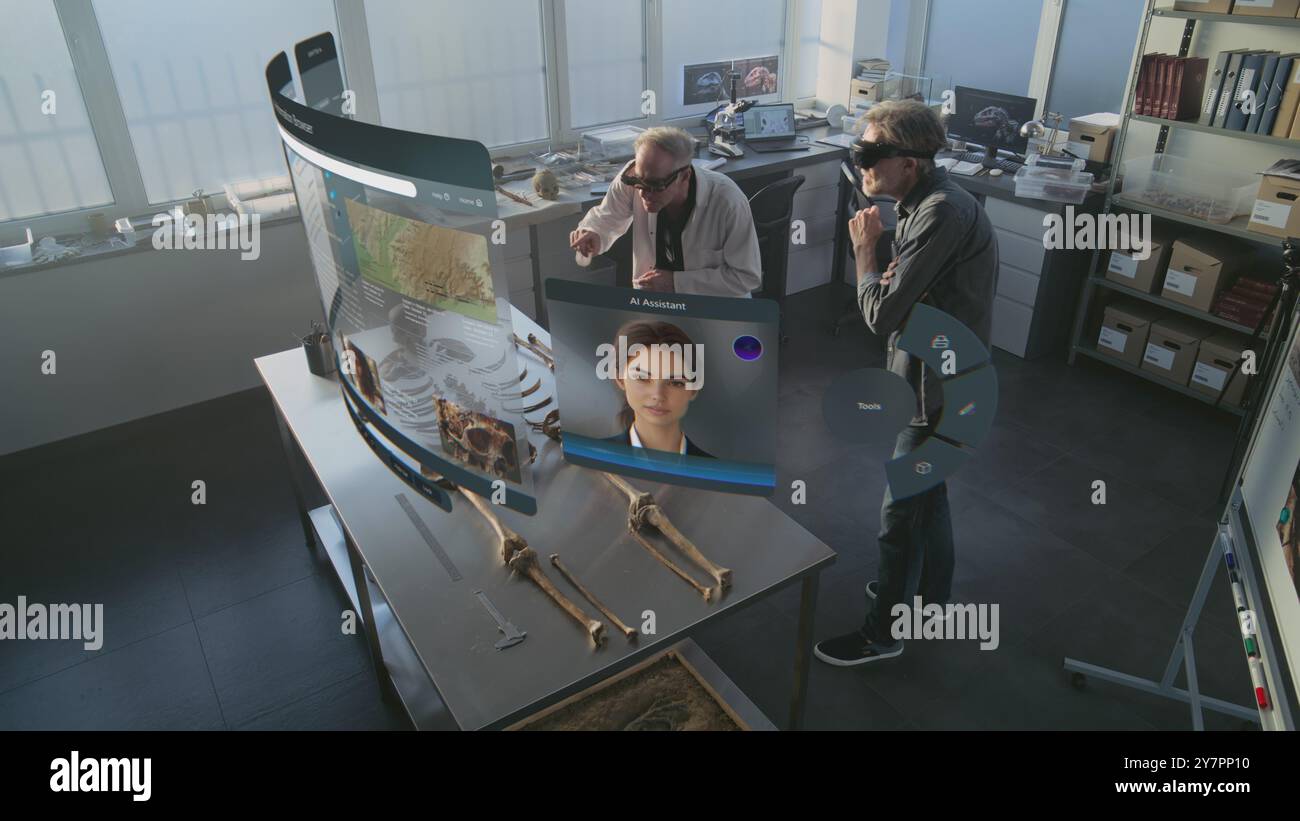 Advanced archaeological lab: Two archaeologists in VR headsets study skeleton remains using ...