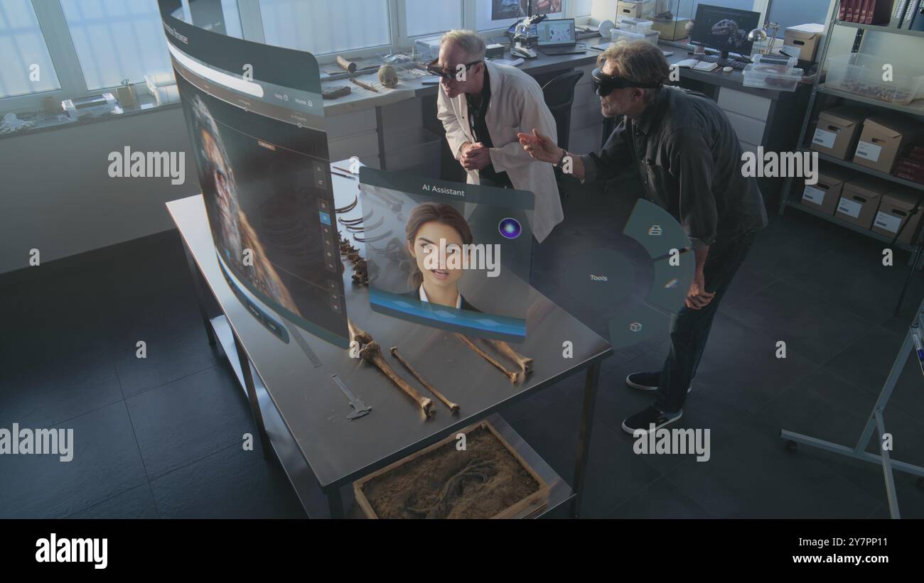 Modern archaeological lab: Two archaeologists in VR headsets study ...
