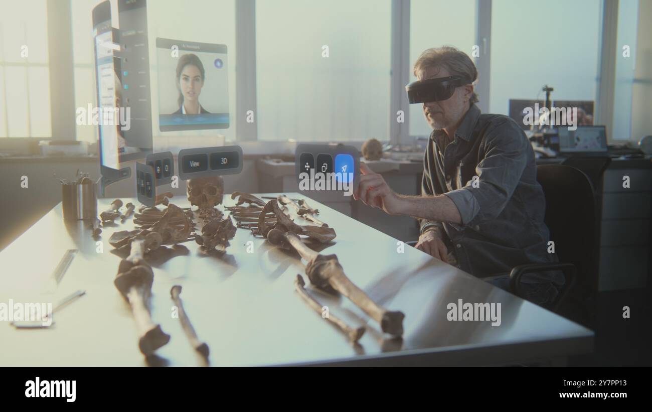 Advanced archaeological lab: Archaeologist in VR headset studies ancient skeleton using ...