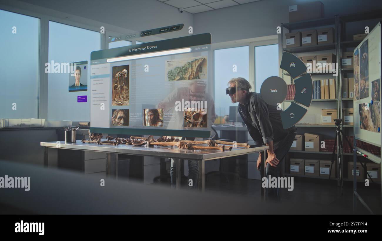 Advanced archaeological lab: Two archaeologists in VR headsets study ...