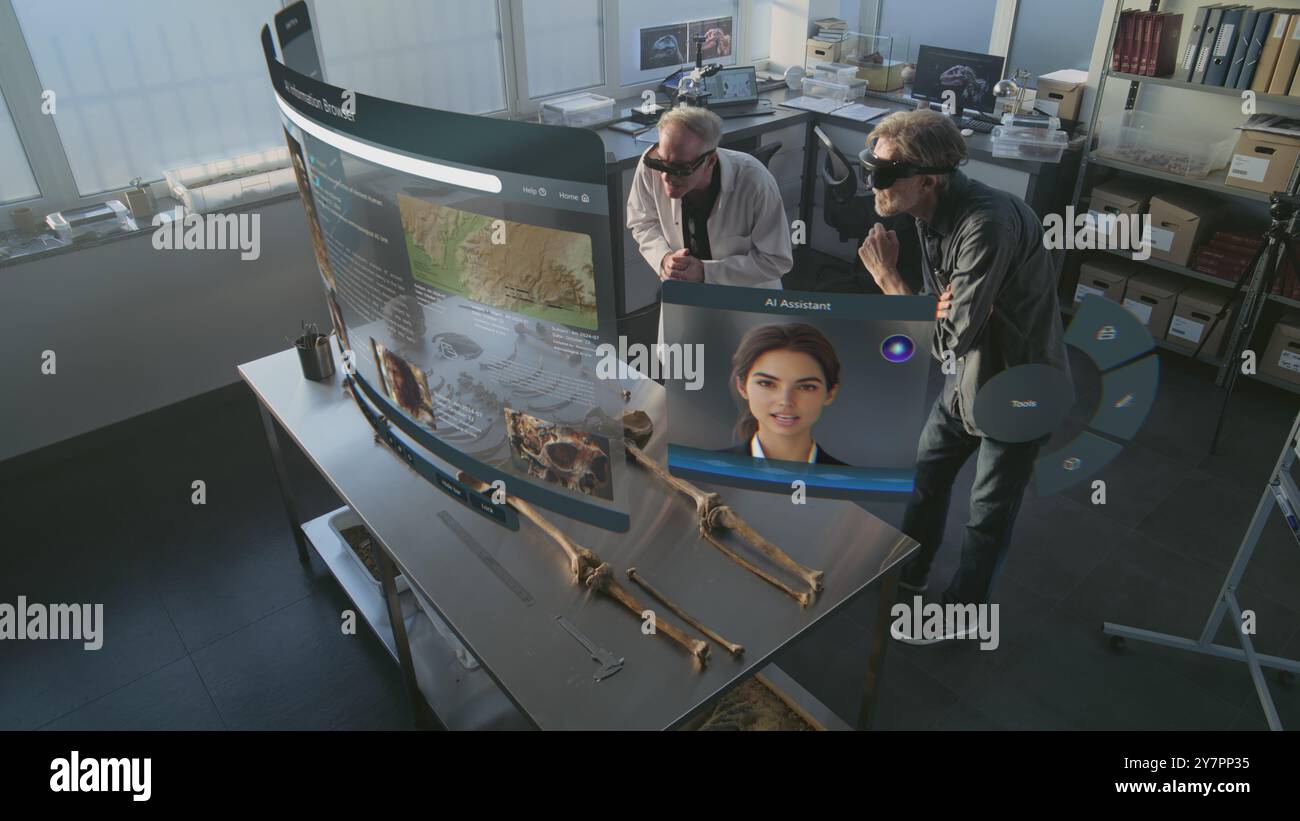Advanced archaeological lab: Two archaeologists in VR headsets study skeleton remains using ...