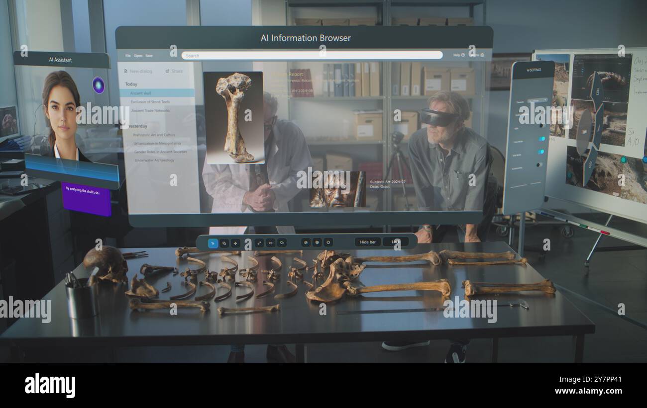 Advanced archaeological lab: Two archaeologists in VR headsets conduct bones examination using ...