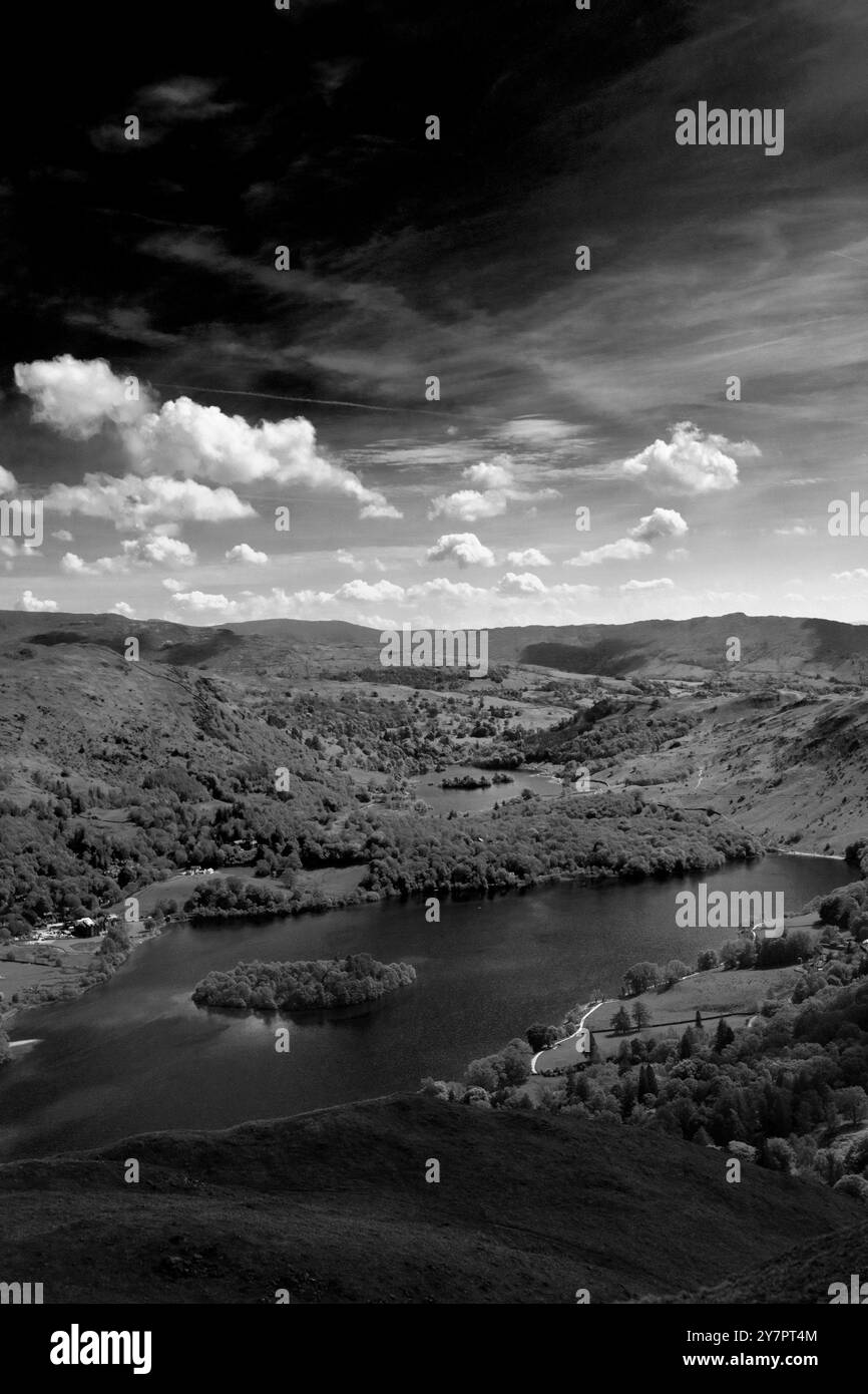 High view of Grasmere village and lake from Silver Howe fell, Lake ...