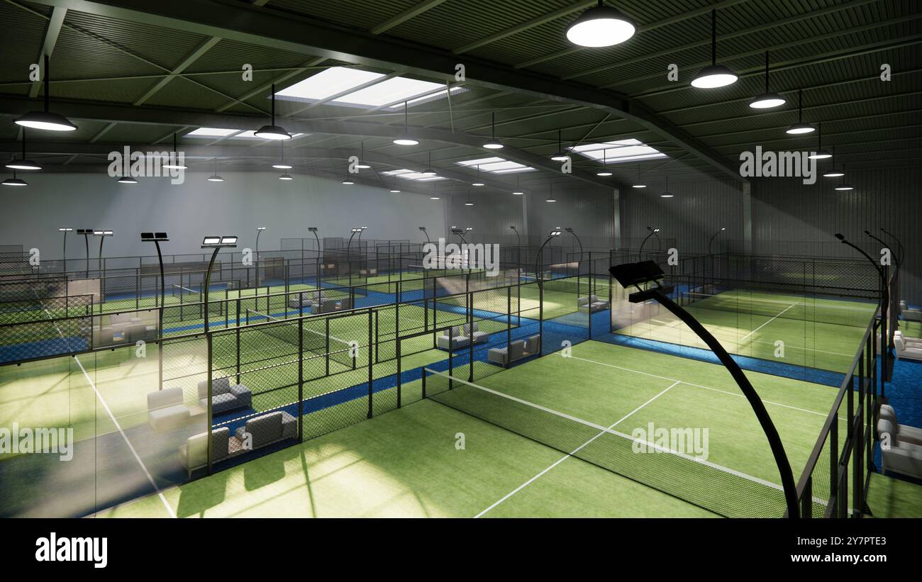 aerial view on a padel court with greenflooring and glass that serve as ...