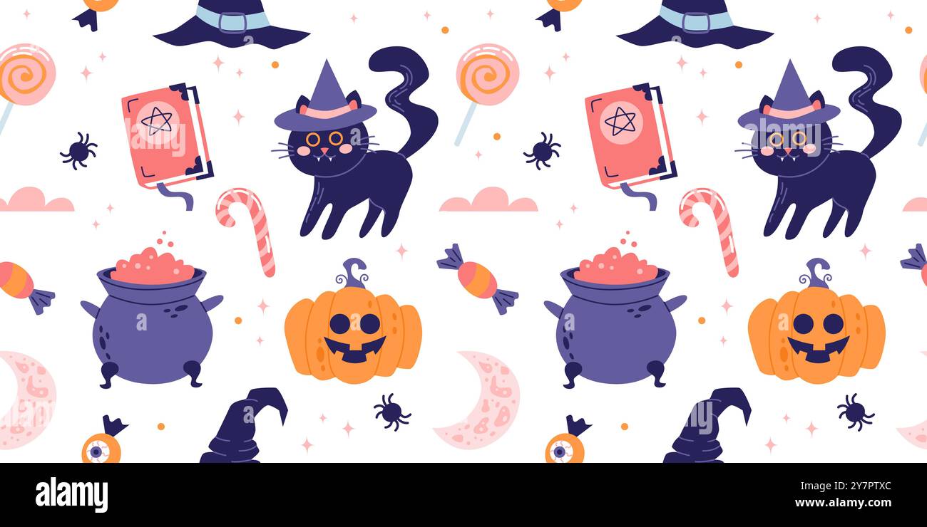 Halloween seamless pattern with cute black cats and pumpkins. Vector ...