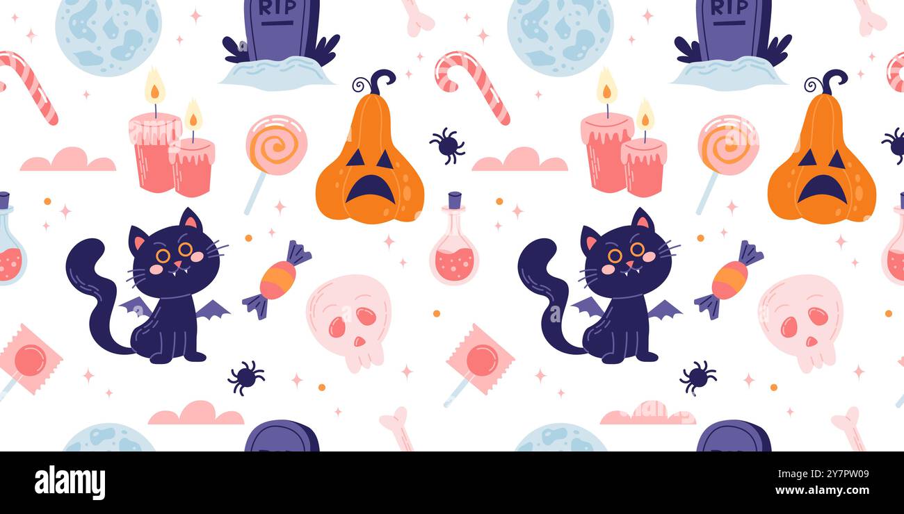 Halloween seamless pattern with cute black cats and pumpkins. Vector ...