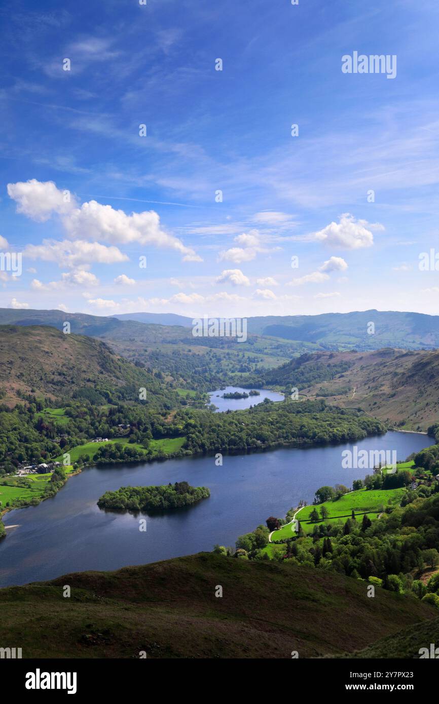 High view of Grasmere village and lake from Silver Howe fell, Lake ...