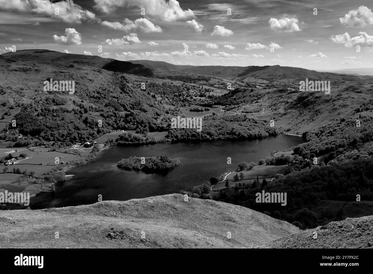 High view of Grasmere village and lake from Silver Howe fell, Lake ...