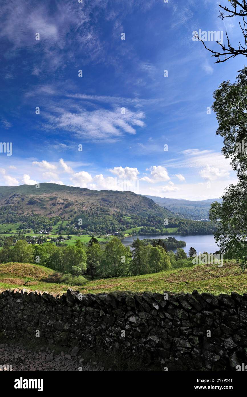 High view of Grasmere village and lake from Silver Howe fell, Lake ...
