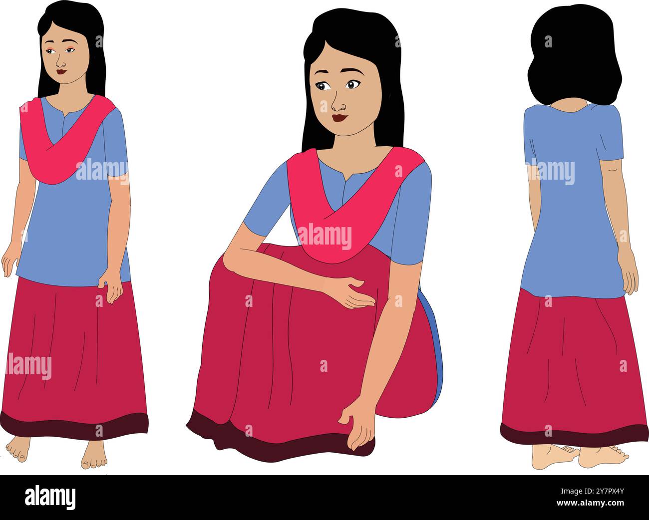 Indian girl character set for cartoon animation. Indian young girl ...