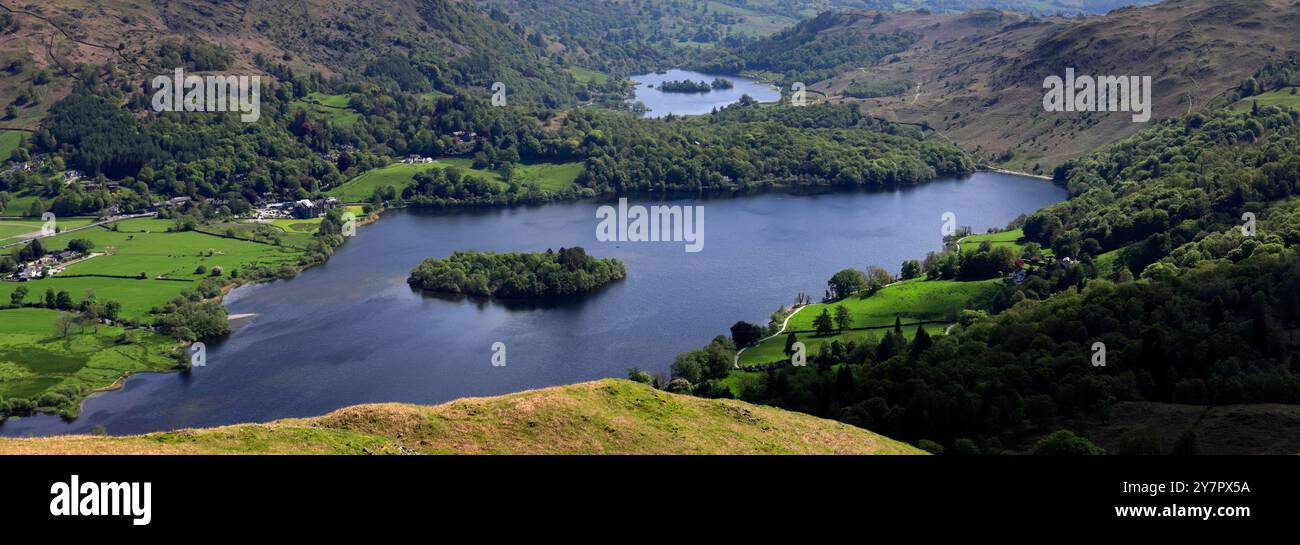 High view of Grasmere village and lake from Silver Howe fell, Lake ...