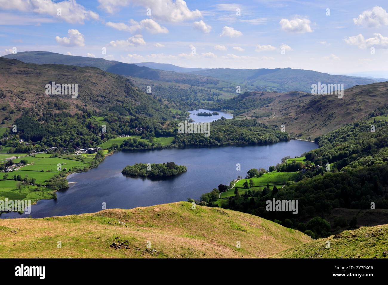 High view of Grasmere village and lake from Silver Howe fell, Lake ...