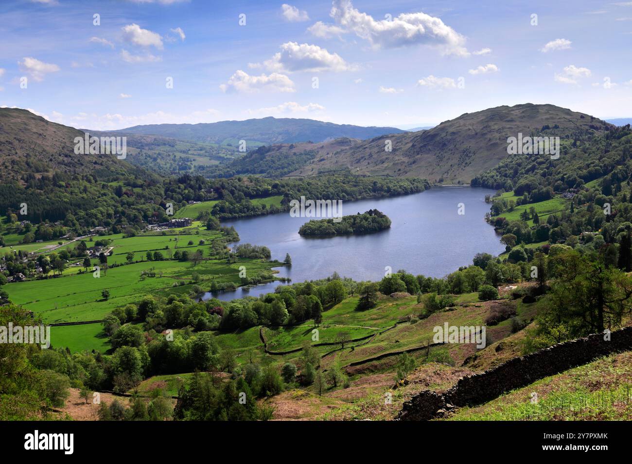 High view of Grasmere village and lake from Silver Howe fell, Lake ...