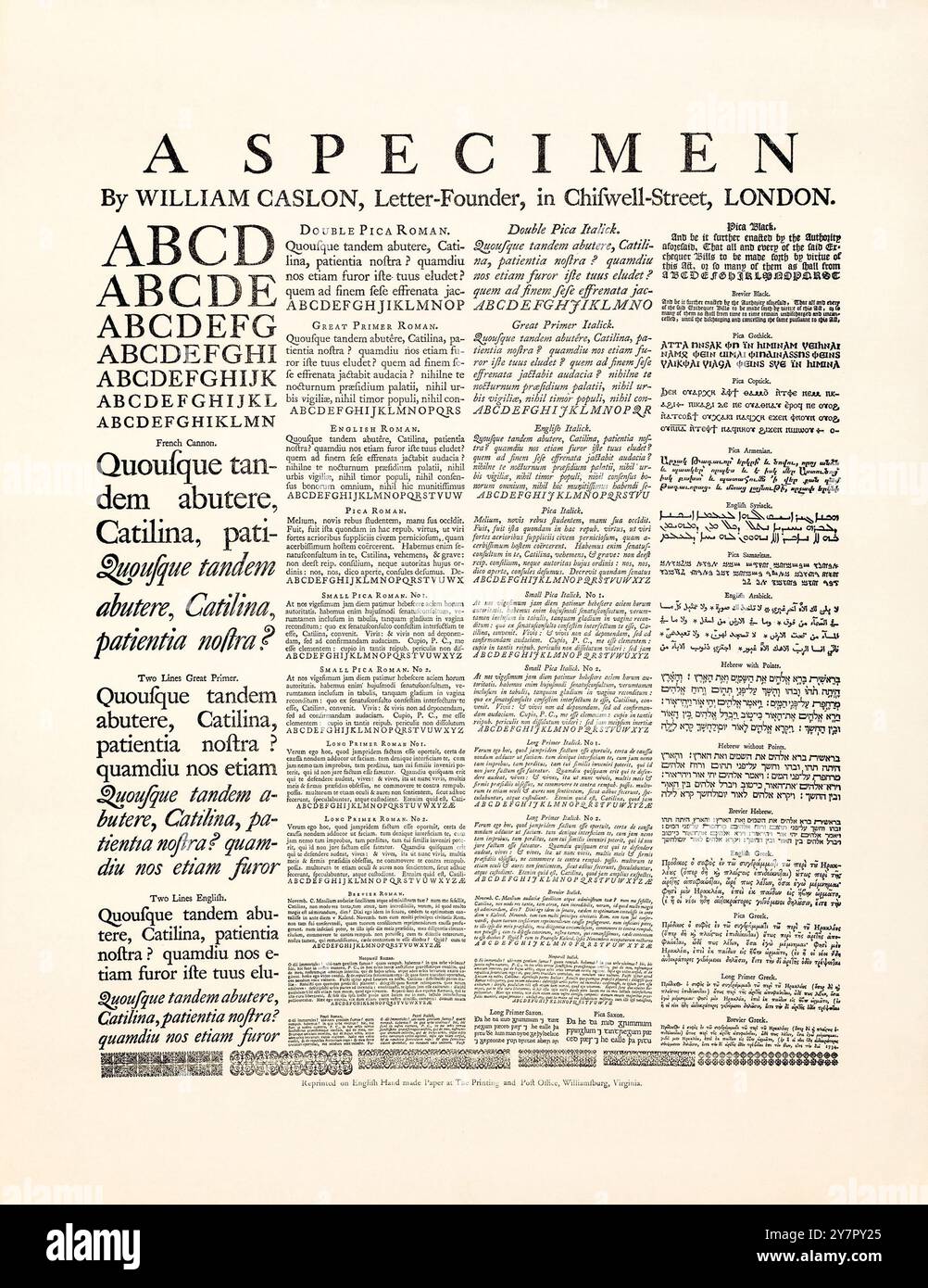 William Caslon's Type Specimen sheet from 1734 - English Typography - reprint Stock Photo - Alamy