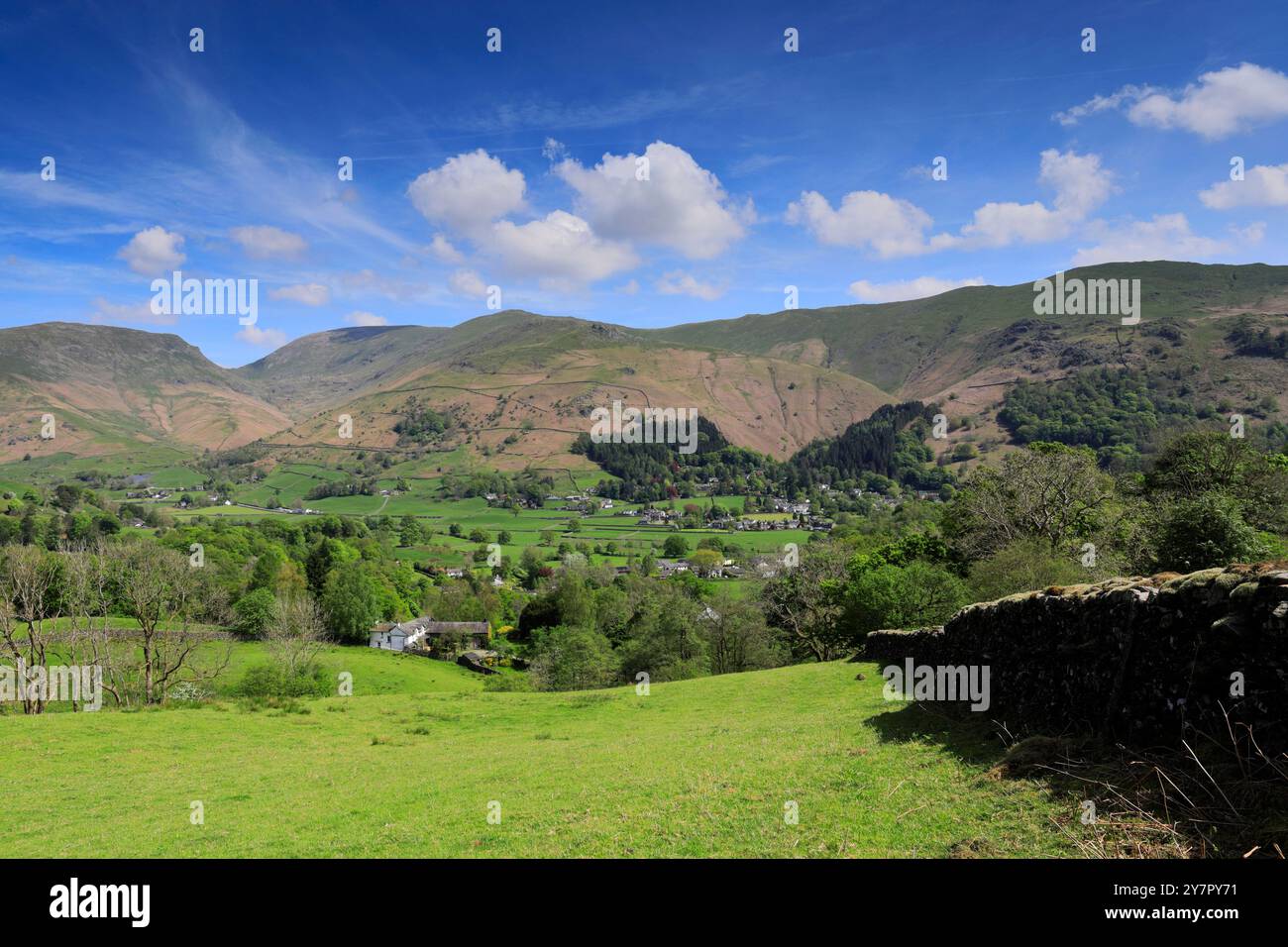 High view of Grasmere village and lake from Silver Howe fell, Lake ...