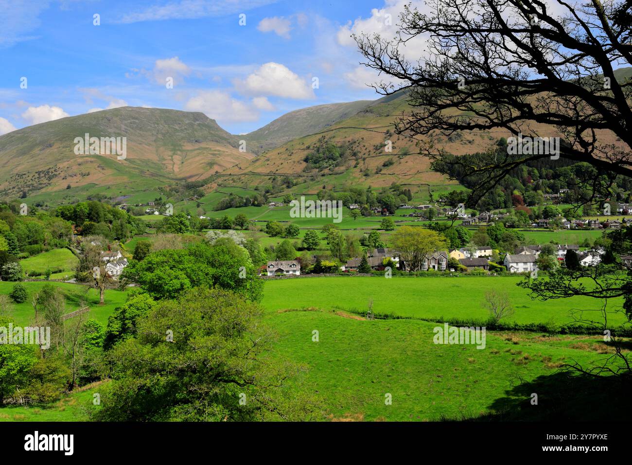 High view of Grasmere village and lake from Silver Howe fell, Lake ...