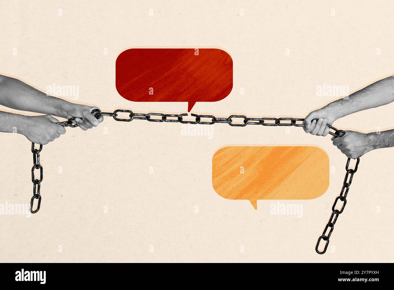 Creative collage hands body fragments pull chain competition effort ...