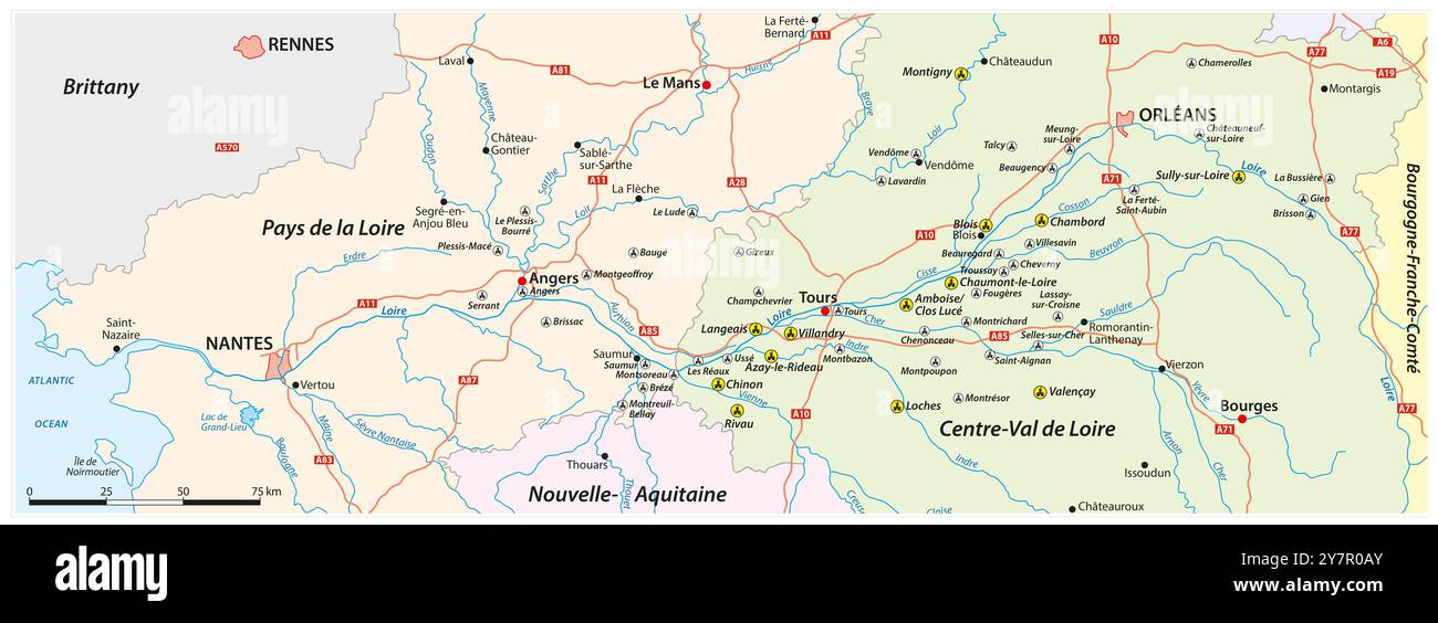 Map of the Loire with the most important castles, France Stock Photo ...