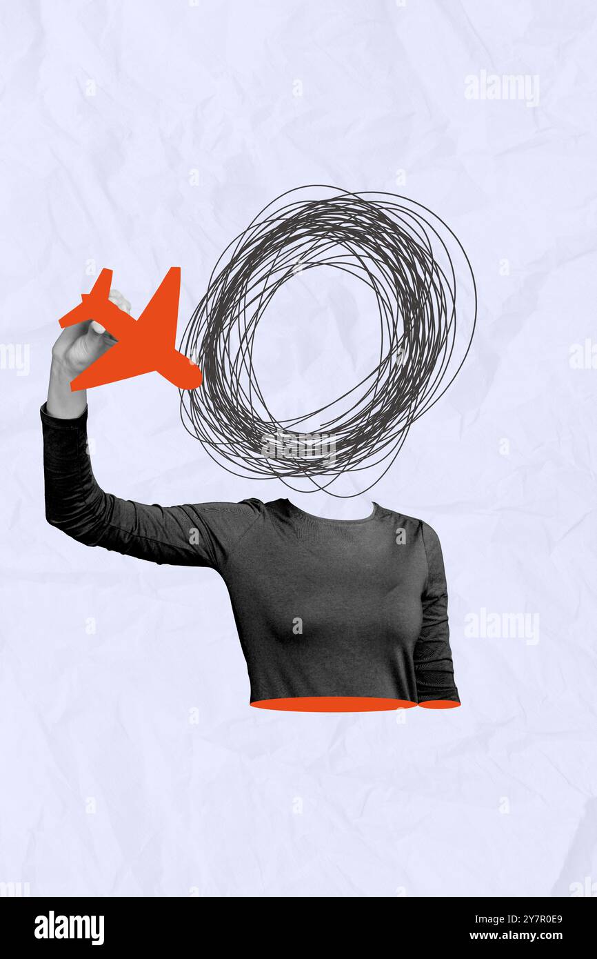 Vertical collage poster headless woman drawing doodles mess airplane ...