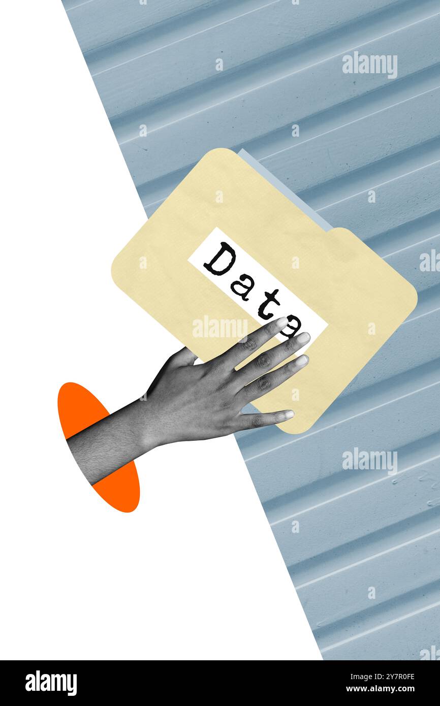 Vertical collage poster hand body fragment data folder hold privacy ...