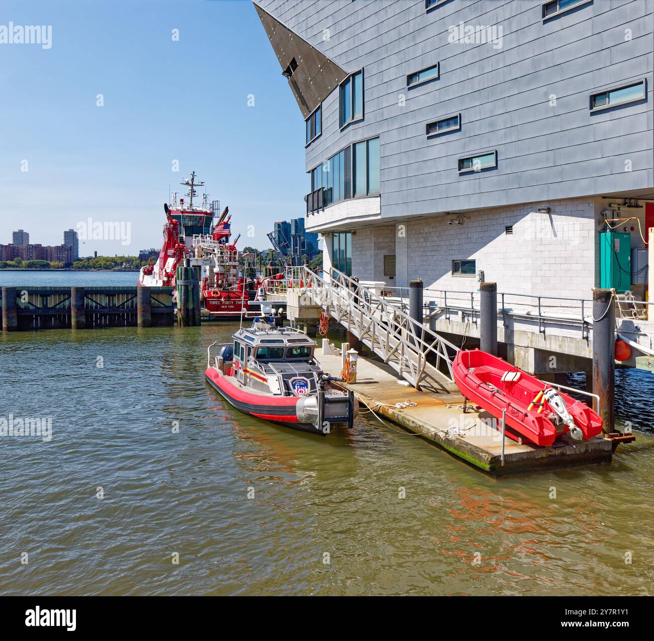 Fireboat Three Forty Three, at FDNY Marine 1 berth, Hudson River Pier ...