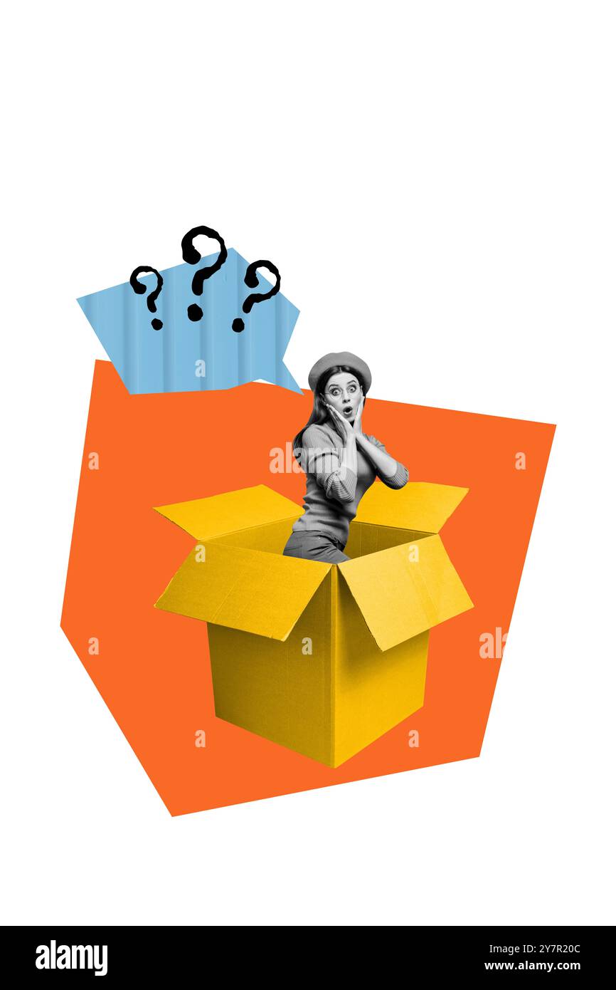 Vertical poster collage young amazed impressed woman standing inside ...