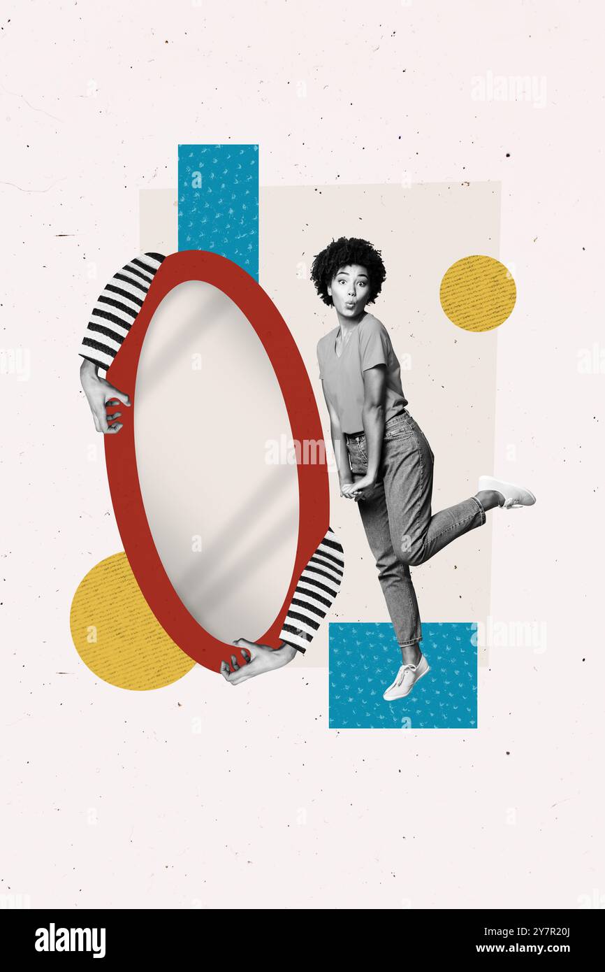 Vertical photo collage of happy american girl stand glass mirror beauty ...