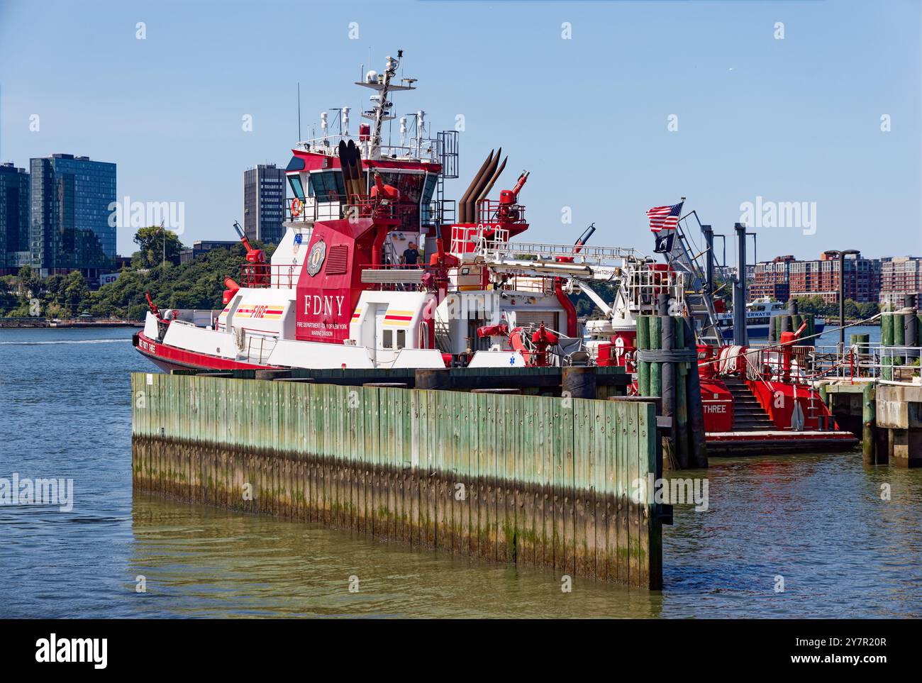 Fireboat Three Forty Three, at FDNY Marine 1 berth, Hudson River Pier ...