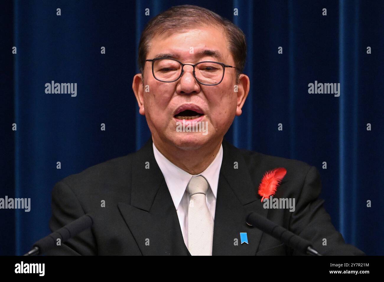Japan's newly elected Prime Minister Shigeru Ishiba speaks during a ...
