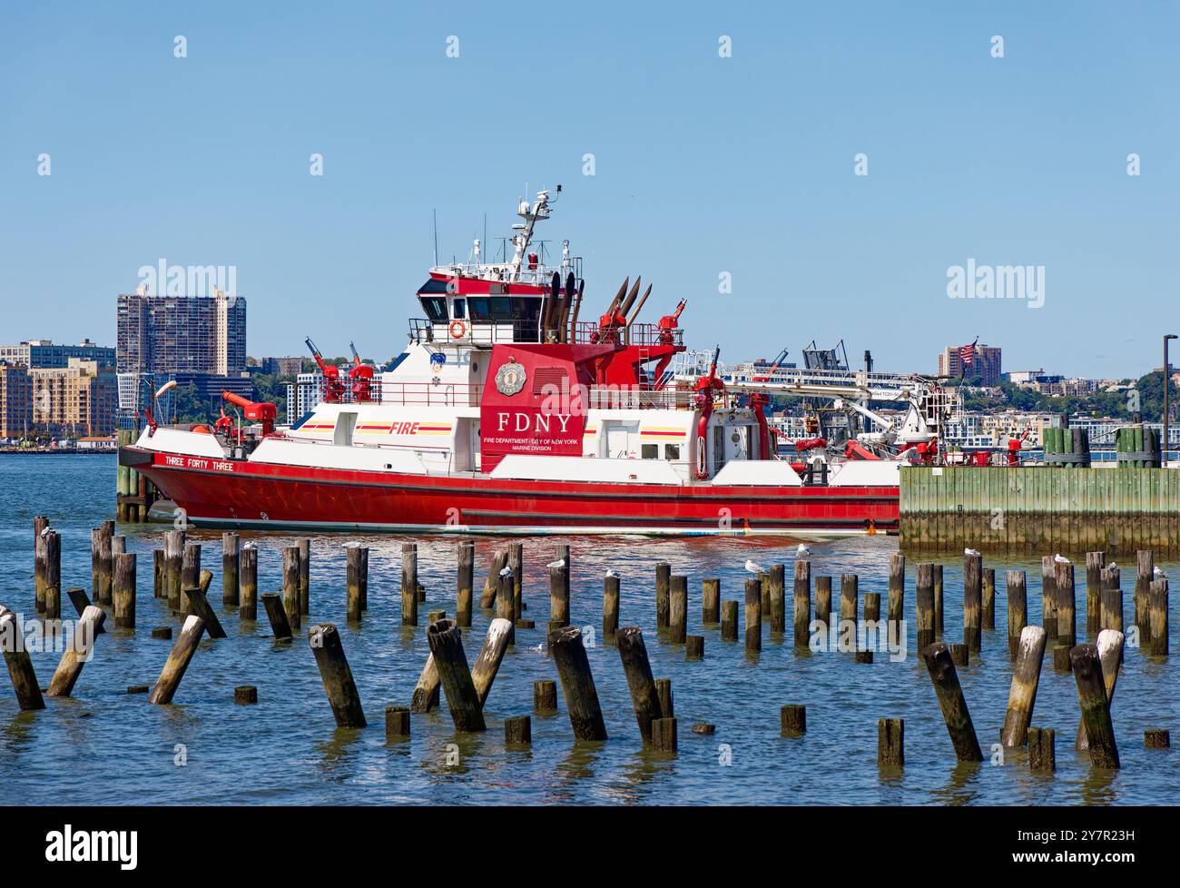 Fireboat Three Forty Three, at FDNY Marine 1 berth, Hudson River Pier ...
