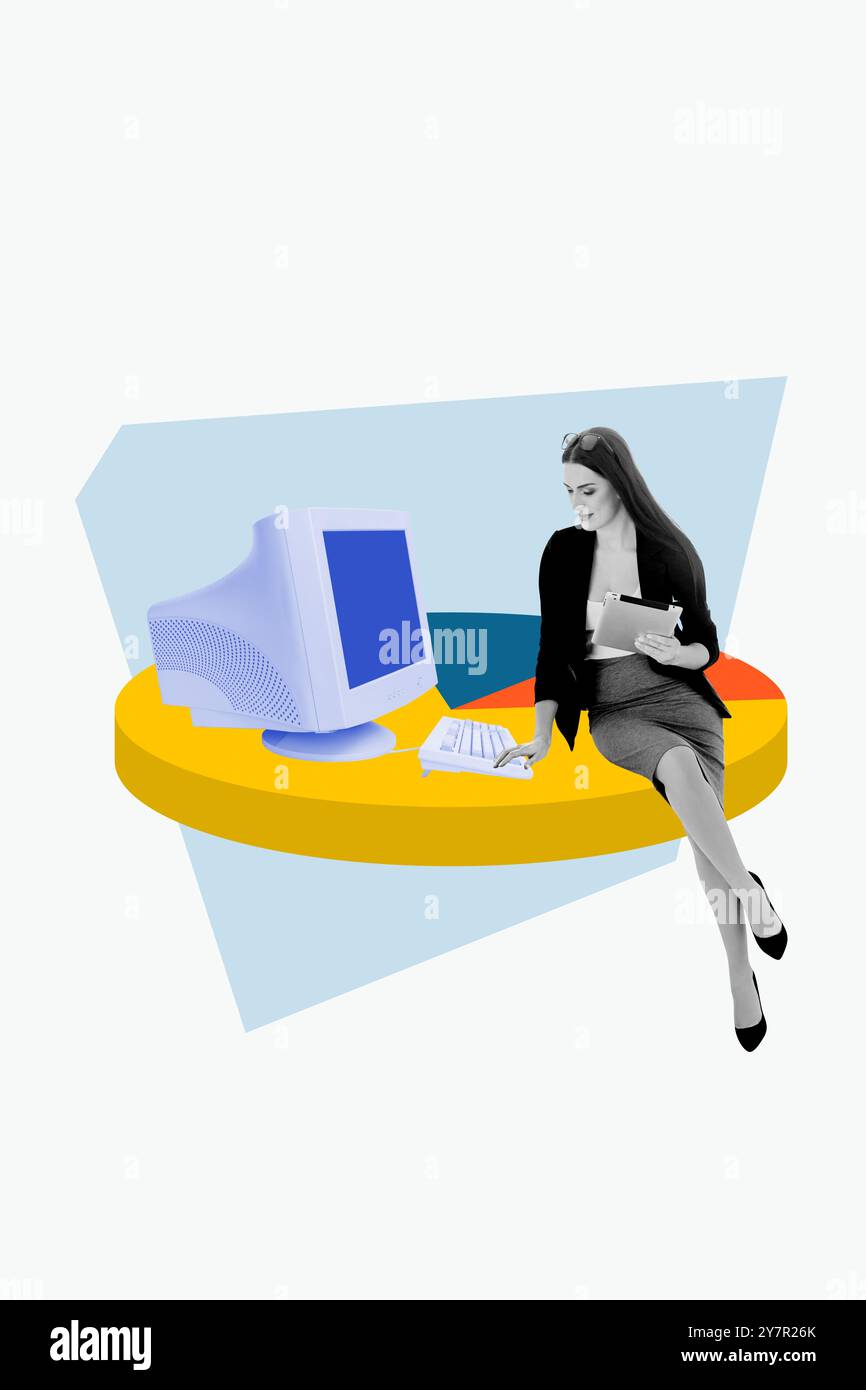 Vertical collage poster young businesswoman sitting computer monitor ...