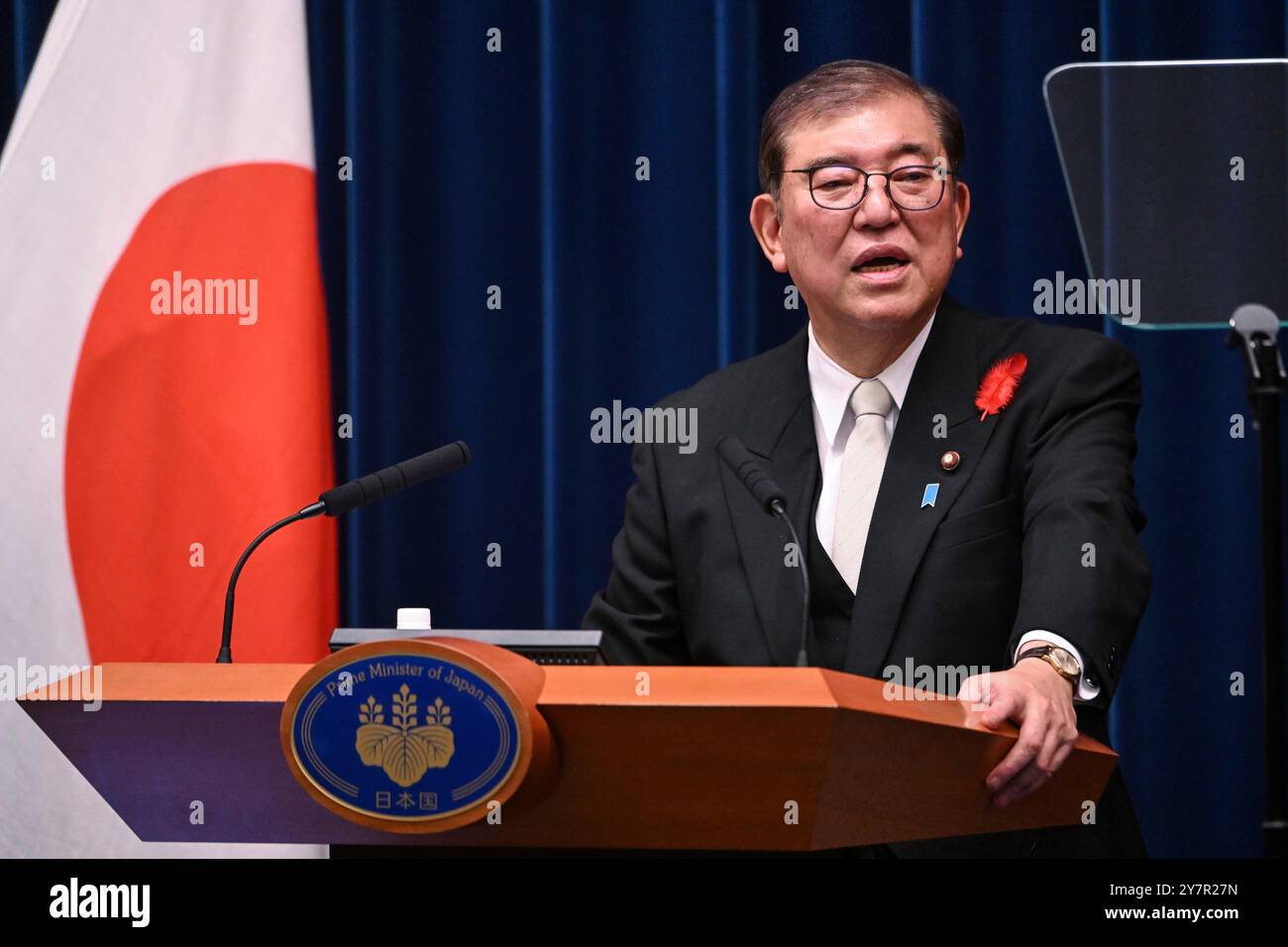Japan's newly elected Prime Minister Shigeru Ishiba speaks during a ...