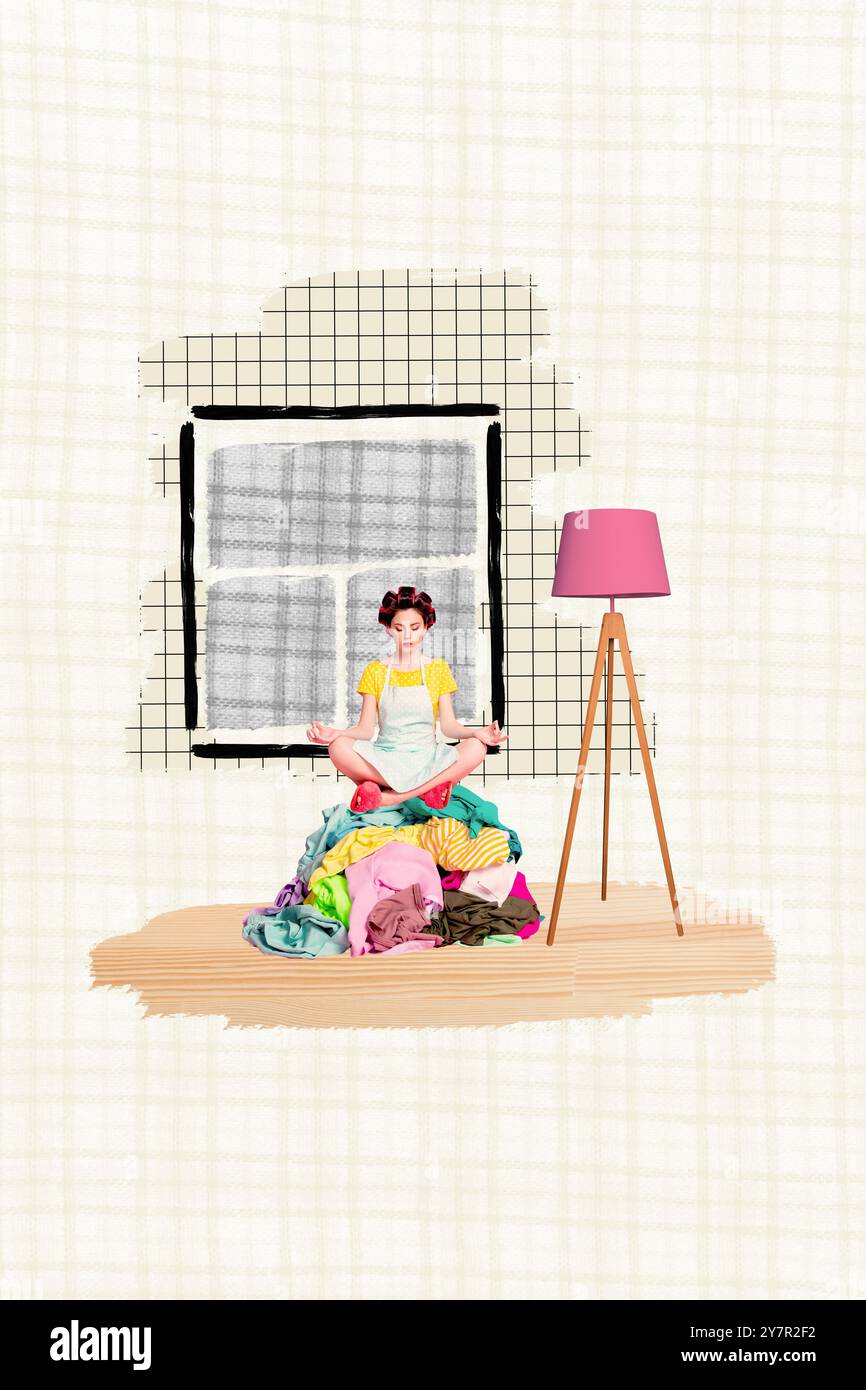Vertical photo collage of peaceful girl sit meditation pose pile ...