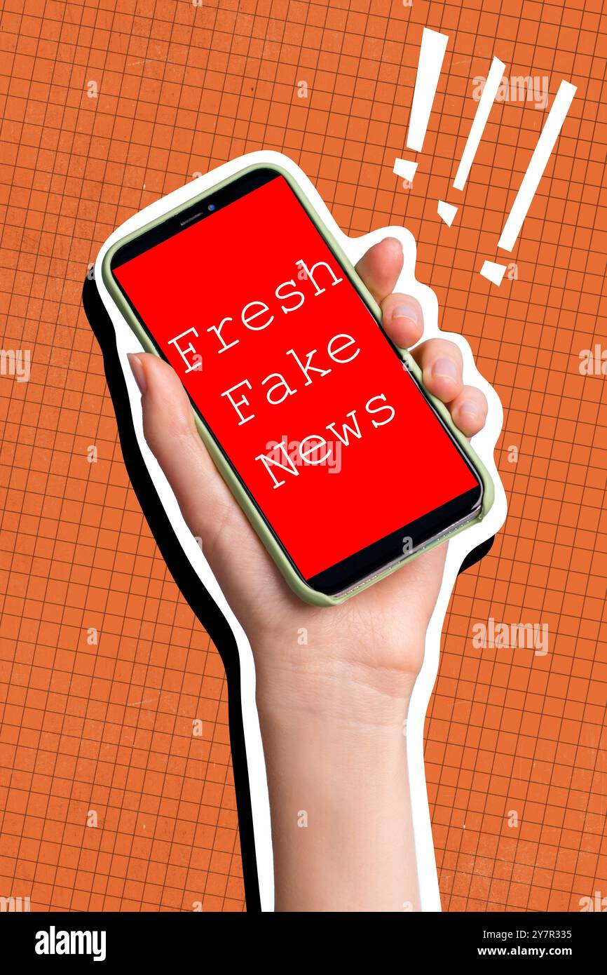 Creative poster collage of hand hold screen device fresh fake news ...