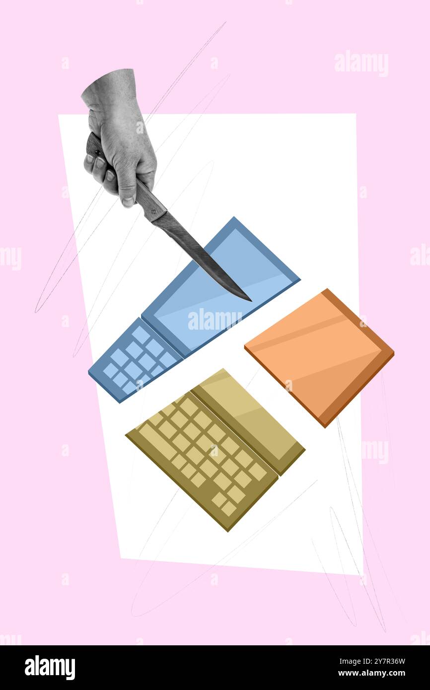 Vertical photo collage of human hand hold knife cut laptop pieces ...