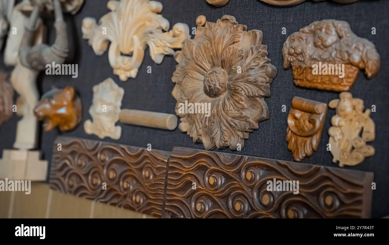 carving element. furniture in classic style. white color wood with gold ...