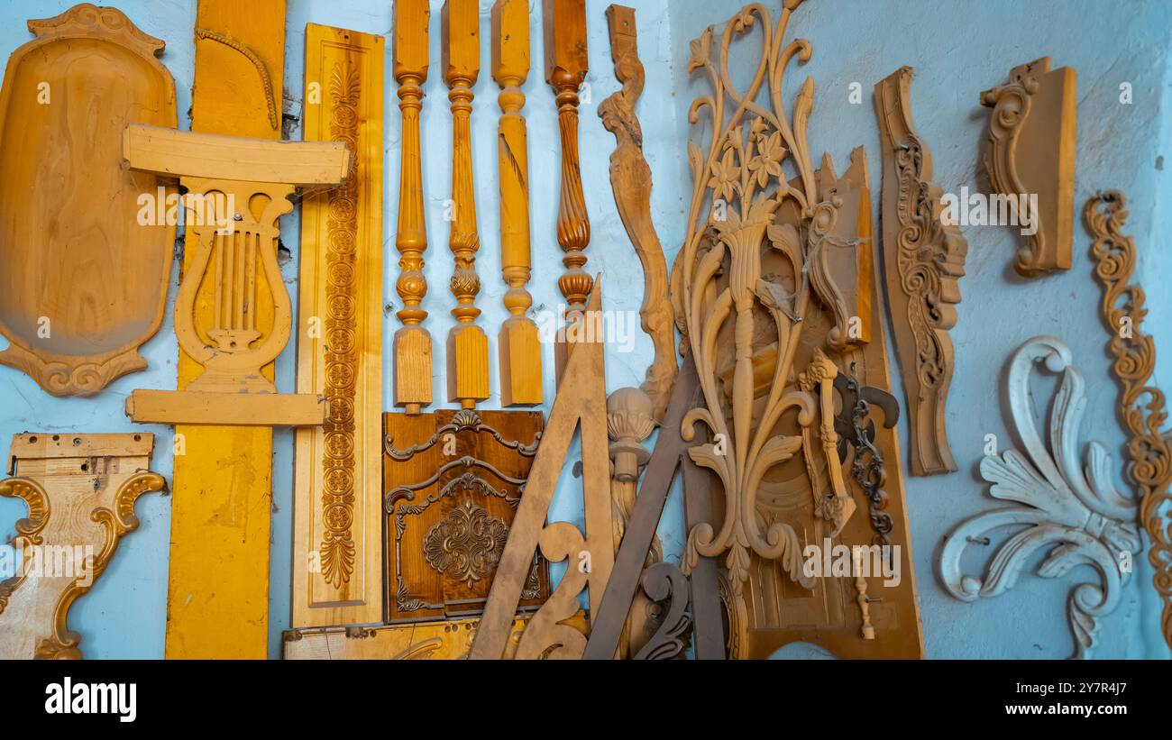 carving element. furniture in classic style. white color wood with gold ...