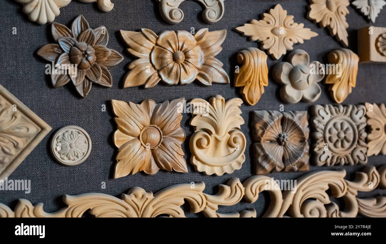 carving element. furniture in classic style. white color wood with gold ...