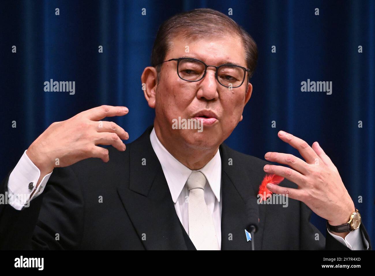 Japan's newly elected Prime Minister Shigeru Ishiba speaks during a ...