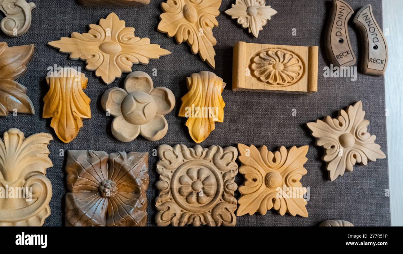carving element. furniture in classic style. white color wood with gold ...