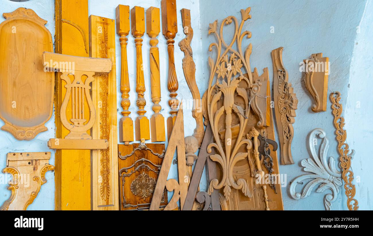 carving element. furniture in classic style. white color wood with gold ...
