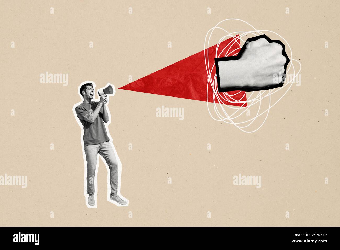 Composite photo collage of aggressive man scream megaphone fist gesture ...