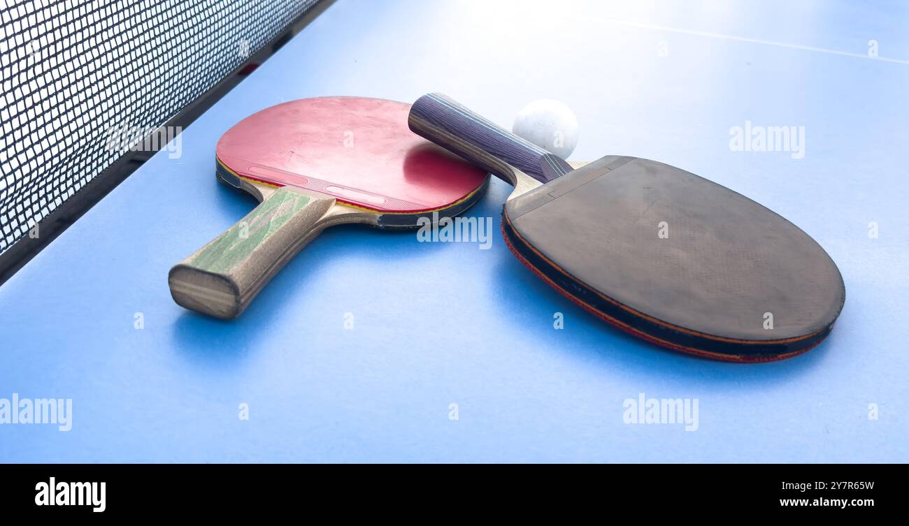 Table tennis bats and ball on a table with white vertical line. Concept ...