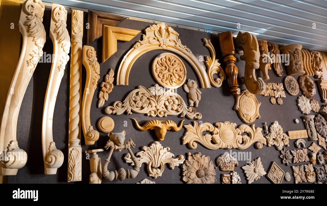 carving element. furniture in classic style. white color wood with gold ...
